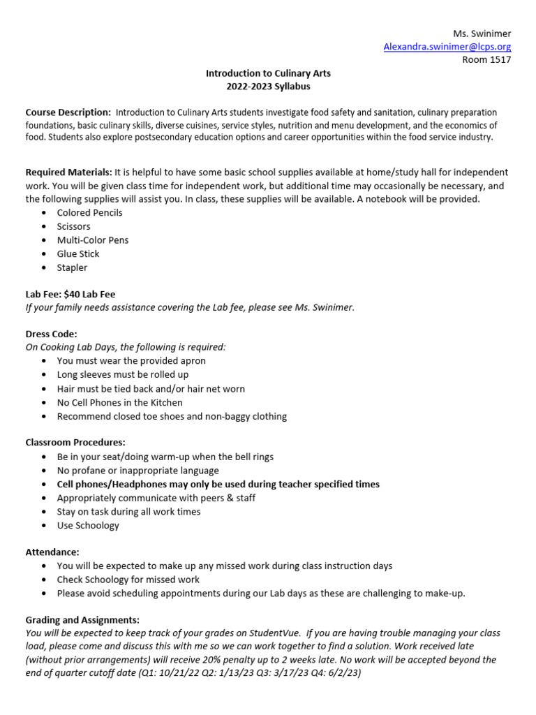 2022.2023 Syllabus - Culinary | PDF