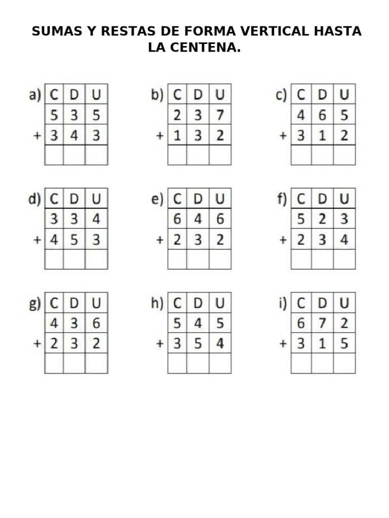 SUMAS Y RESTAS DE FORMA VERTICAL HASTA LA CENTENA | PDF