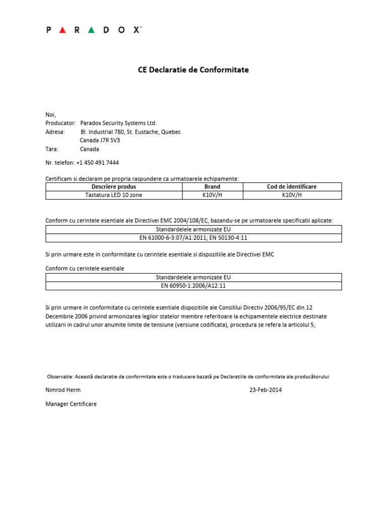 Declaratie de Conformitate Romana Tastatura LED Paradox K10V | PDF