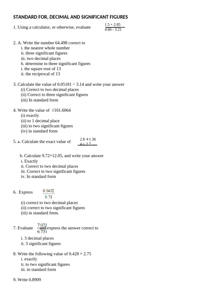 Standard Form, Decimals & Significant Figures | PDF