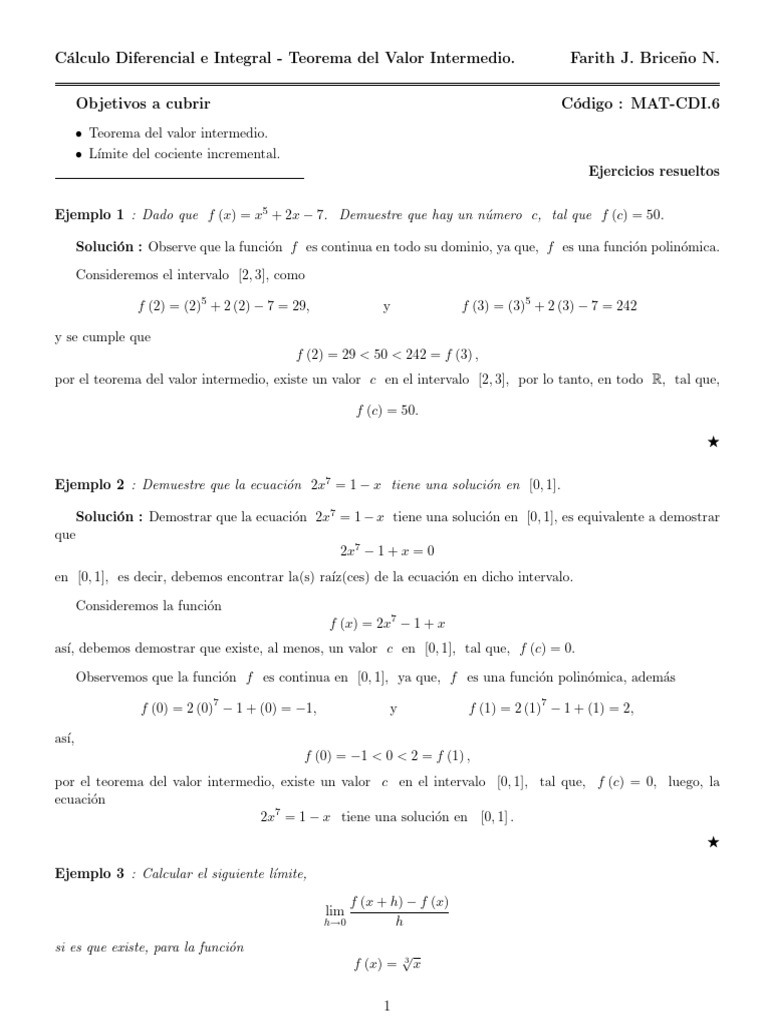 MA-1111 Farith Parte 6 Teorema Del Valor Intermedio | PDF