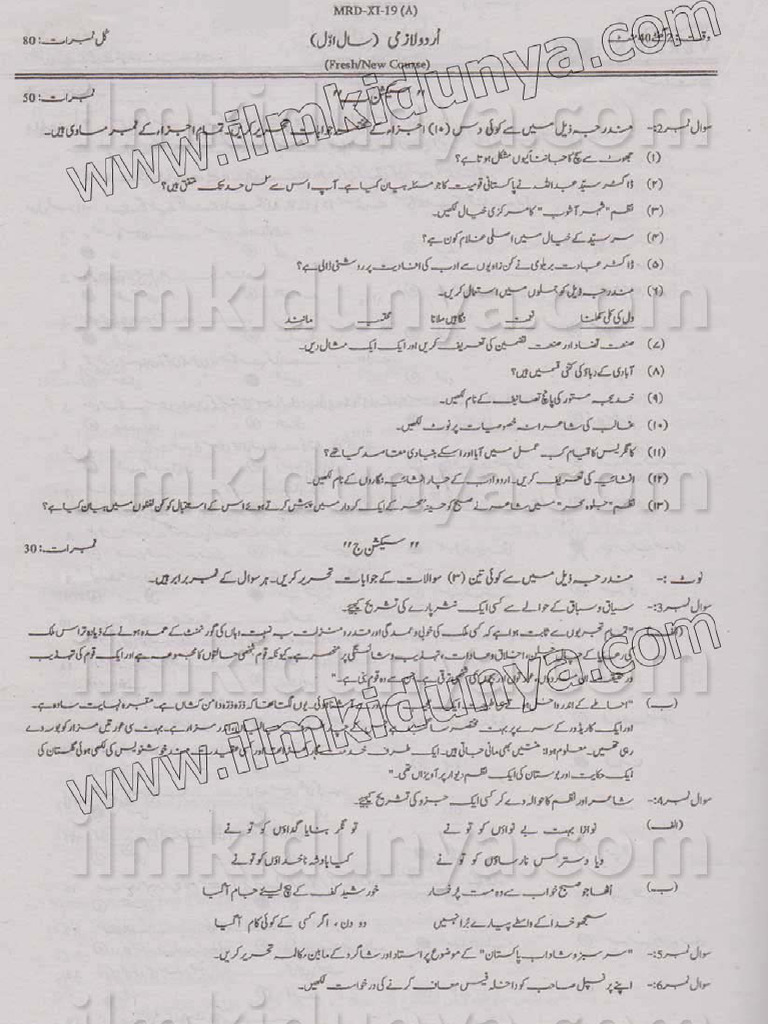 Past Paper 2019 Mardan Board Inter Part I Urdu Subjective | PDF
