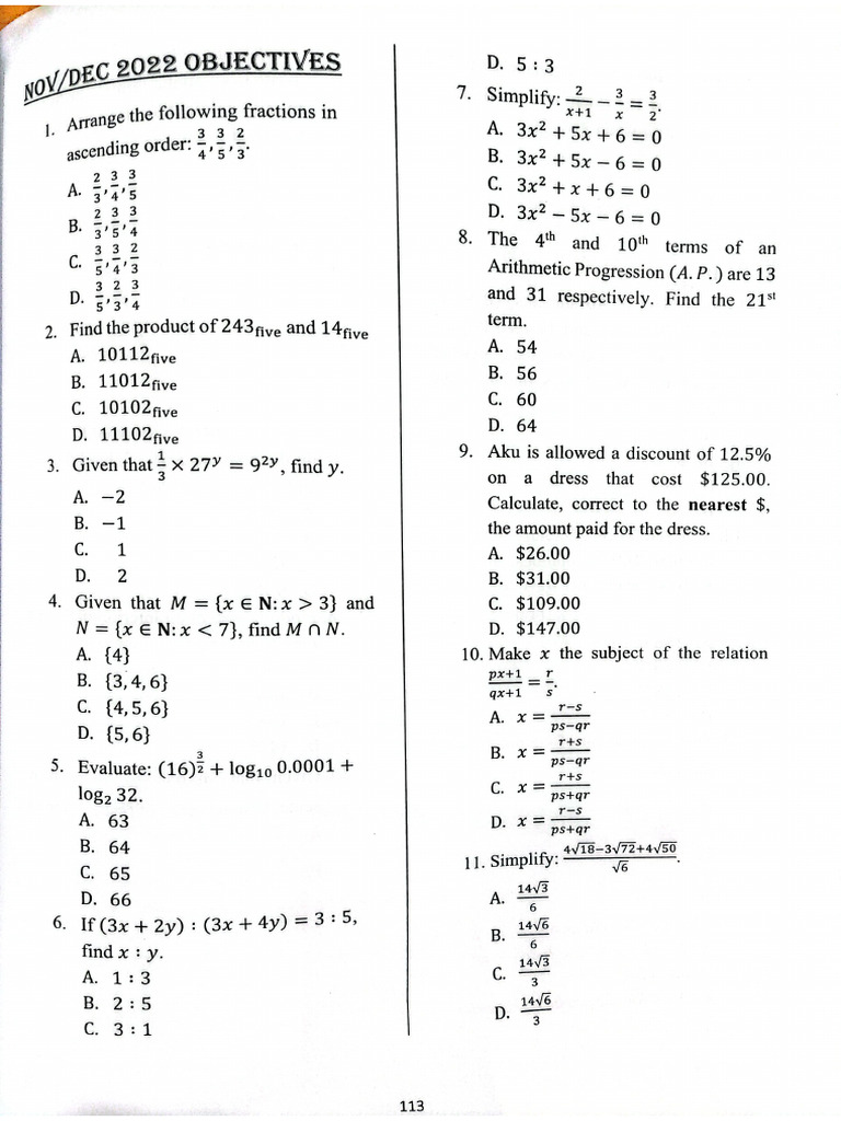 Gce 2022 Mathematics Objectives | PDF
