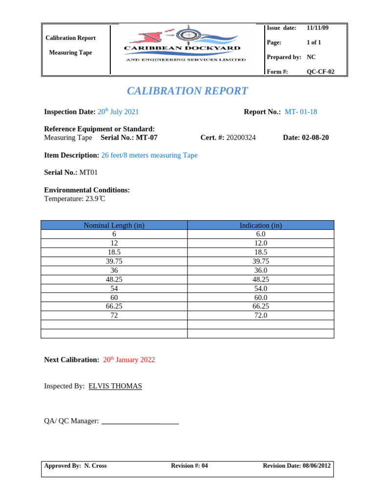 Calibration Form - Measuring Tapes 2021 | PDF