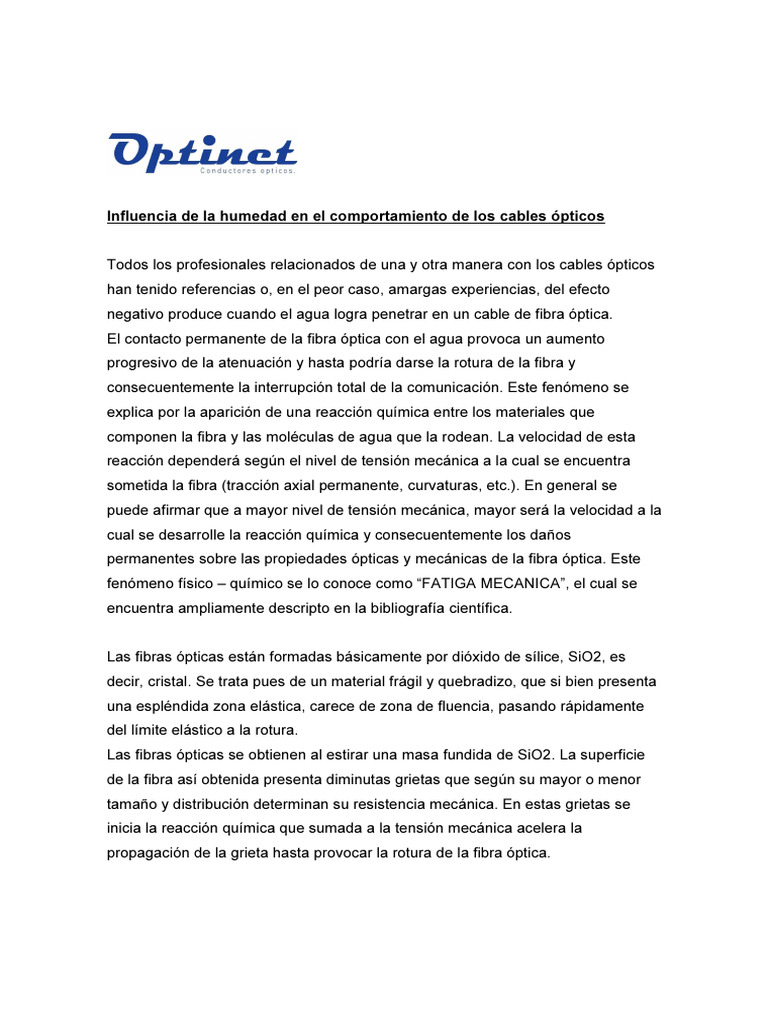 Humedad en Cables Tight OPTINET | PDF