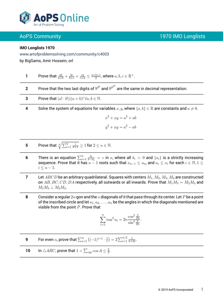 Aops Community 1970 Imo Longlists | PDF