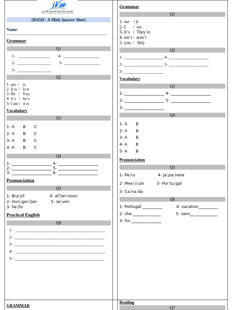 (Students' Answer Sheet) MID BASIC A | PDF
