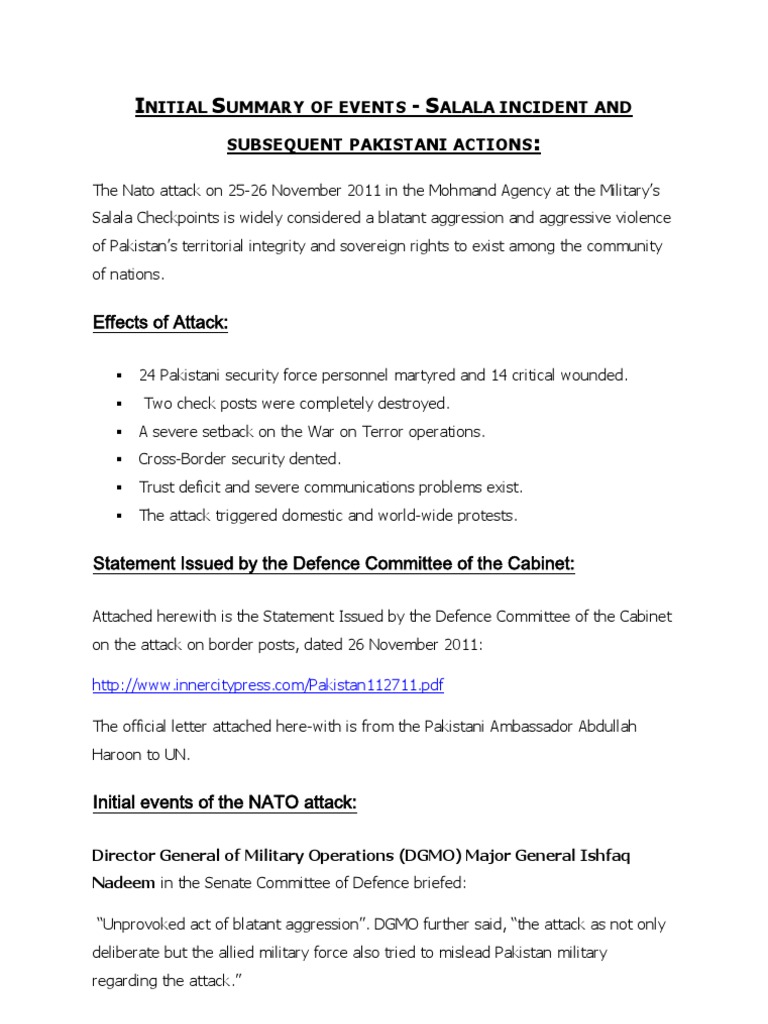 Nato Attack On Pakistan - Summary of Salala Incident - Draft Report ...