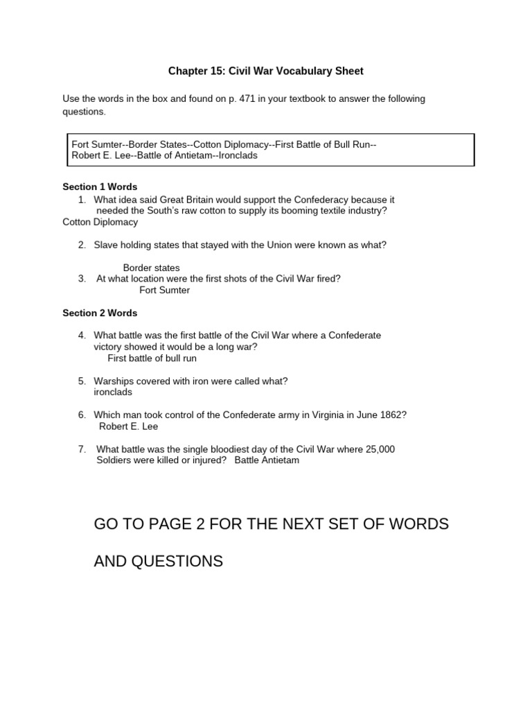 Chapter 15: Civil War Vocabulary Sheet | PDF
