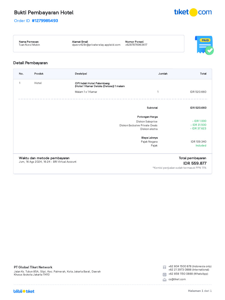 Hotel Booking Receipt | PDF