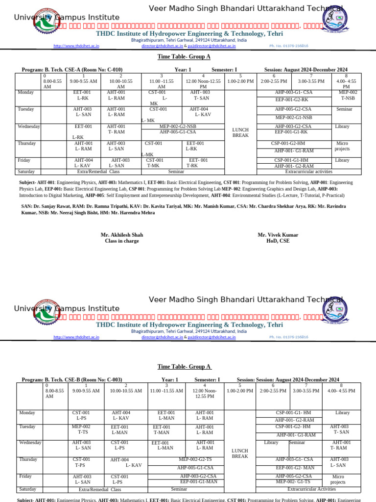 Updated Time Table - I Year B. Tech. - Odd Sem - Draft V | PDF