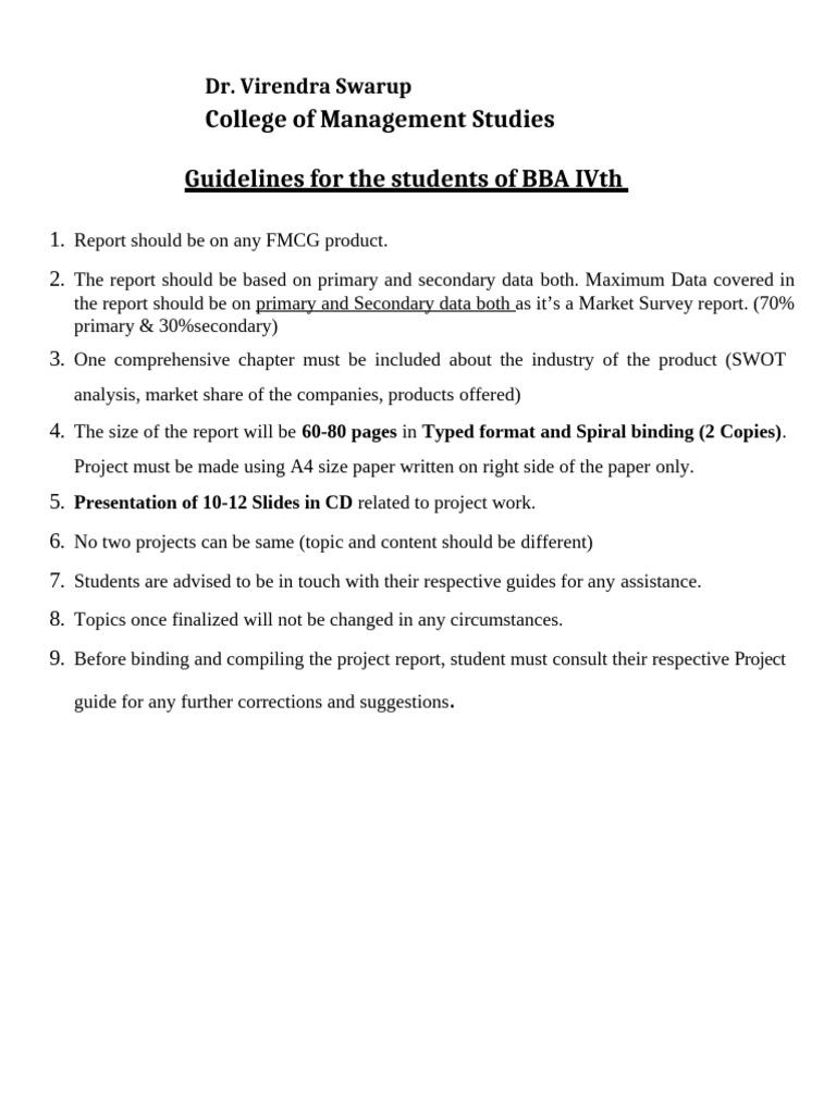 BBA 4th Sem Guidelines For Project Report | PDF | Methodology | Business