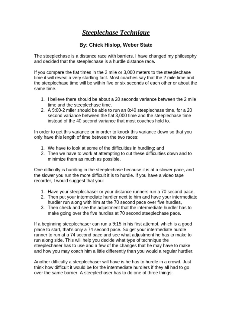 Steeplechase Technique - Chick Hislop | PDF | Track And Field | Athletics