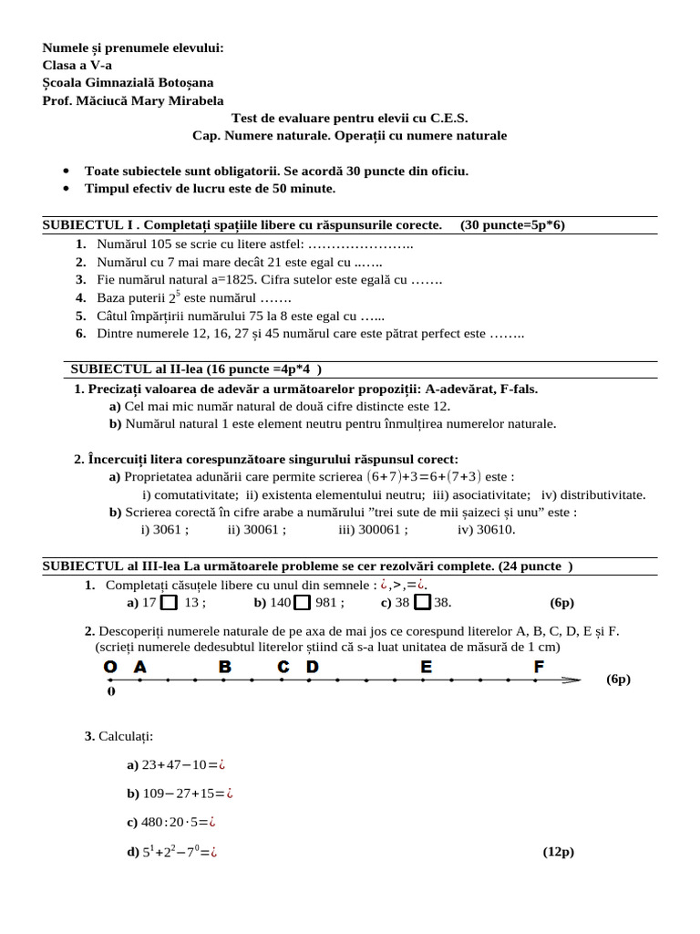 Test Clasa 5 NR Naturale CES | PDF