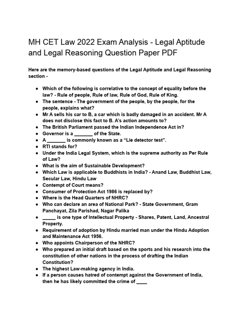 Mh cet law 2022 exam analysis legal aptitude and legal reasoning PDF