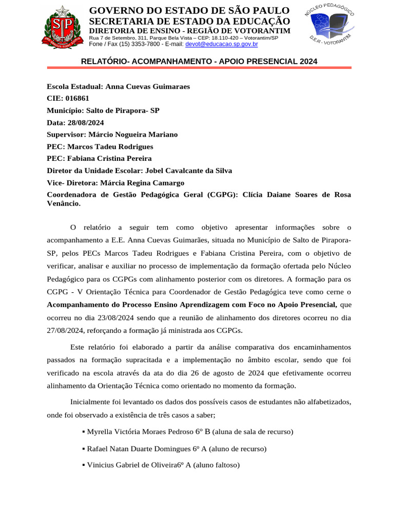 Relatório - Apoio Presencial - Anna Cuevas | PDF