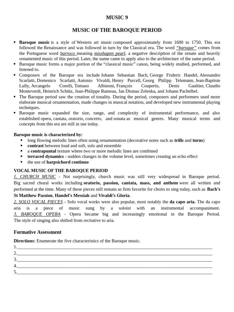 Music 9 - Lesson 3 - Baroque Music | PDF