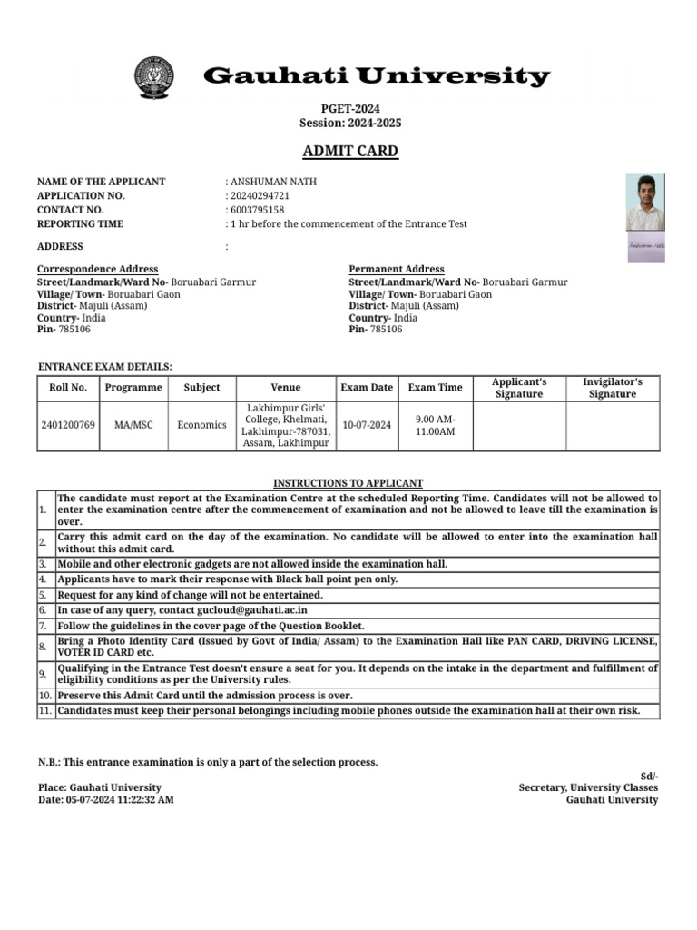 Gauhati University PG Admit Card | PDF