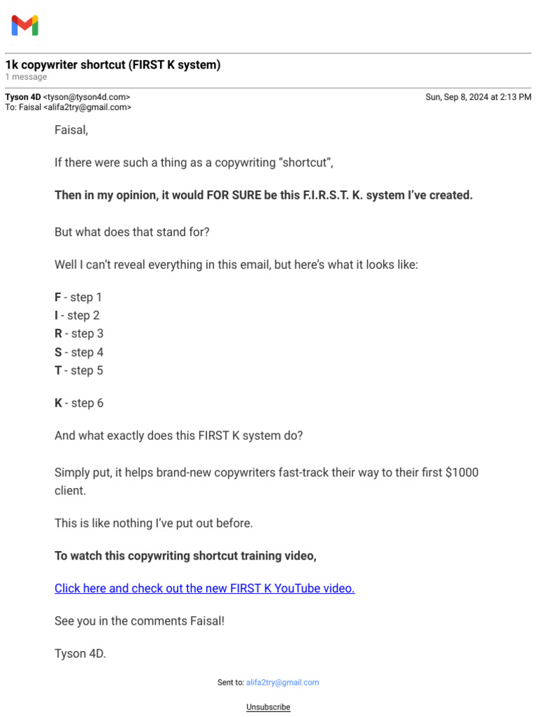 Gmail - 1k Copywriter Shortcut (FIRST K System) | PDF