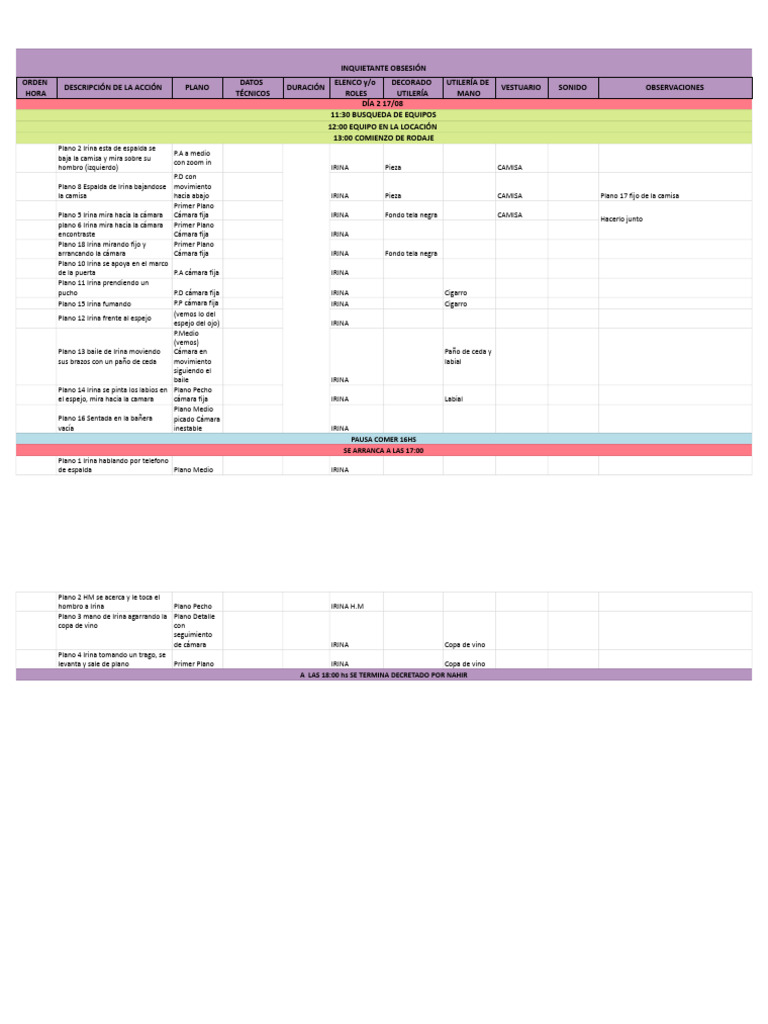 Planilla Rodaje - XLSX - 2do PLAN de RODAJE | PDF
