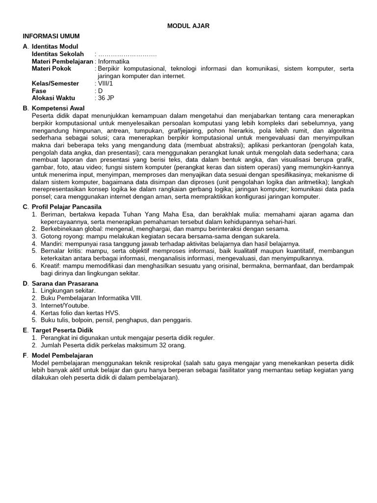 Modul Ajar - Informatika VIII - SMP | PDF