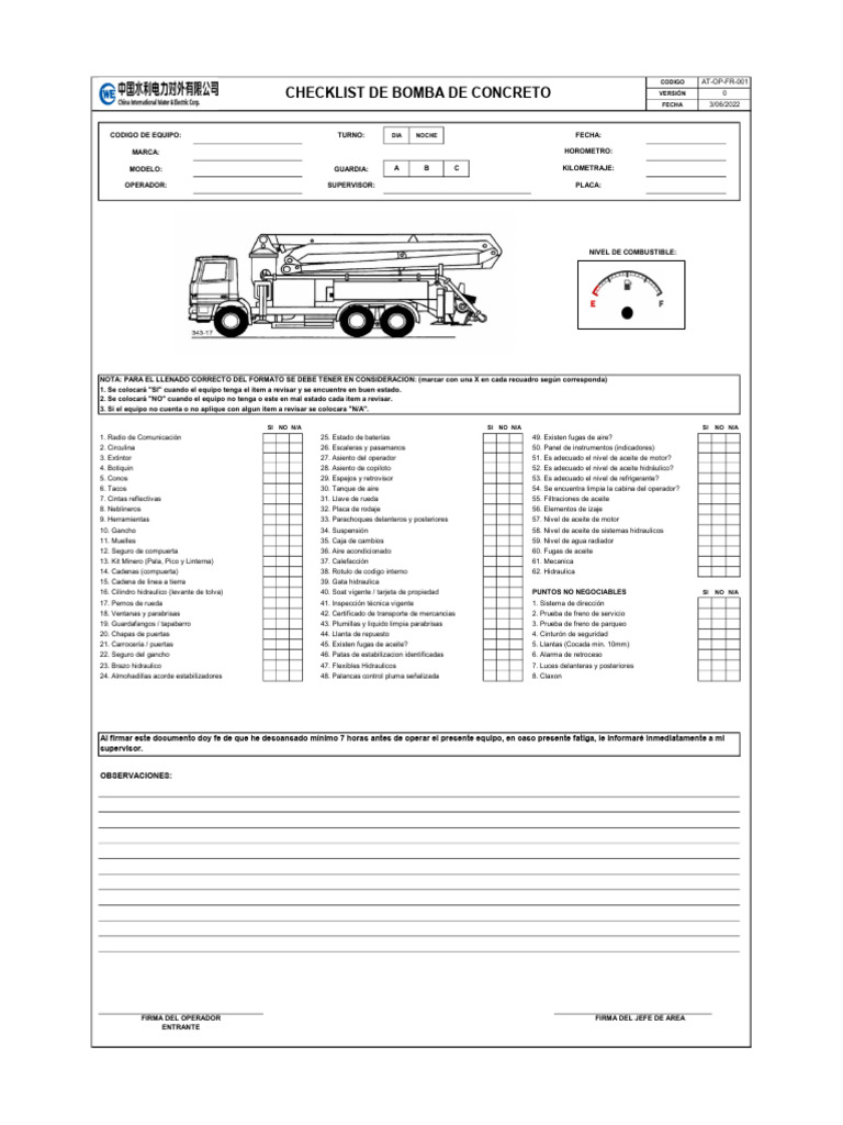 Check List de Bomba de Concreto 2024 | PDF