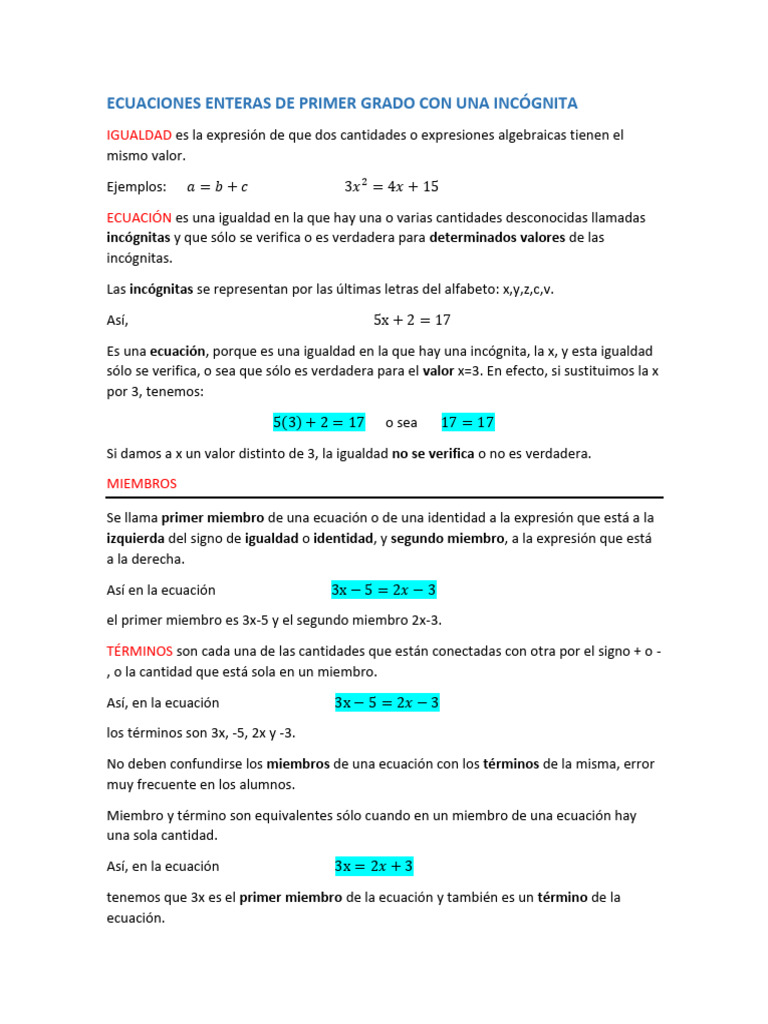 Ecuaciones Enteras de Primer Grado Con Una Incógnita | PDF