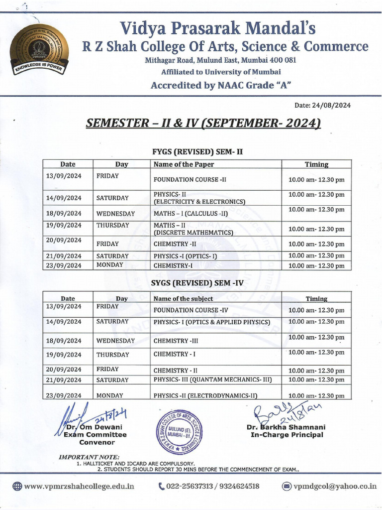 Atkt Sem II and IV Timtable For September, 2024. | PDF
