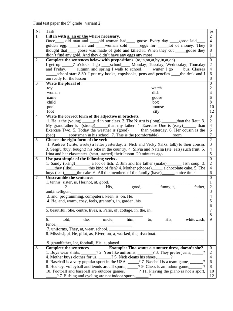 Final Test Paper The 5th Grade Variant 2 | PDF