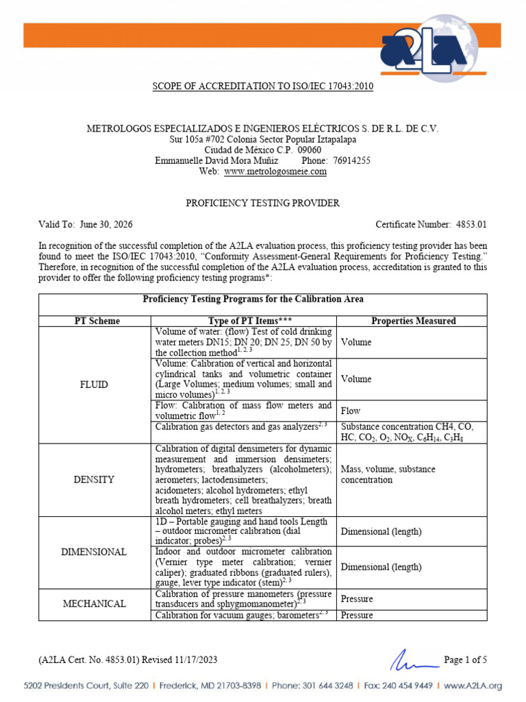 Proficiency Testing Programs For The Calibration Area PT Scheme Type of ...