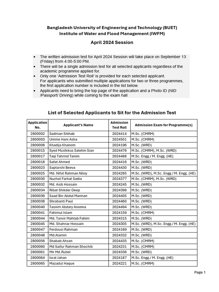 List of Applicants Selected For Admission Test April 2024 | PDF
