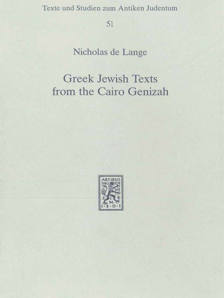 Greek Jewish Texts From The Cairo Genizah (Nicholas de Lange) (Z ...