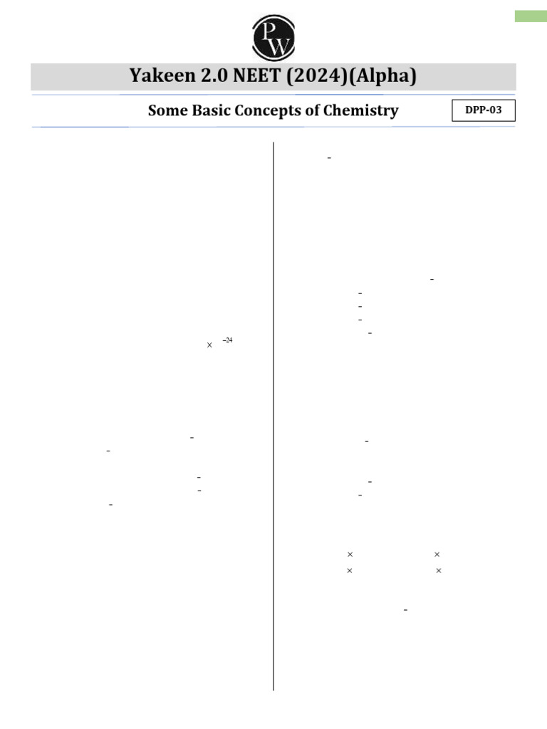 Mole Concept - DPP-03 (Of Lecture-04) - Yakeen 2.0 2024 (Alpha) | PDF