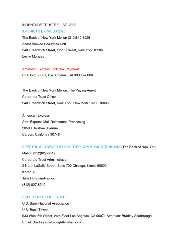 Indenture Trustee List | PDF