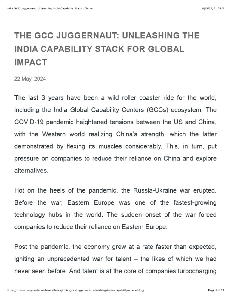 India GCC Juggernaut: Unleashing India Capability Stack - Zinnov | PDF