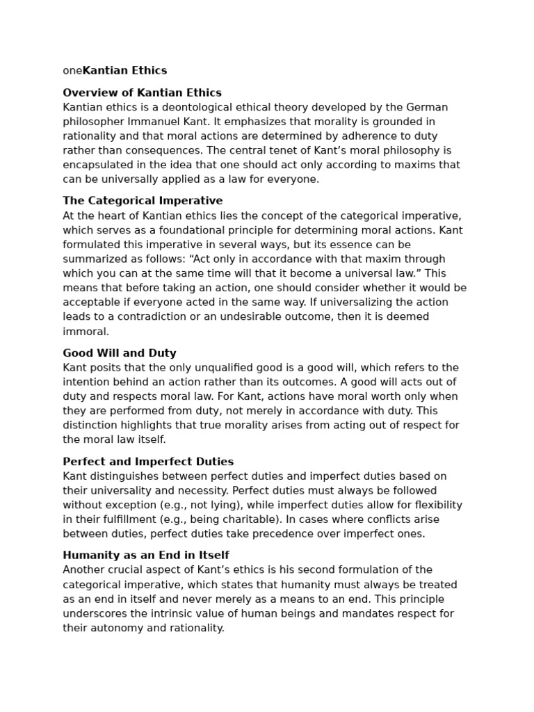 Kantian Ethics Overview of Kantian Ethics | PDF