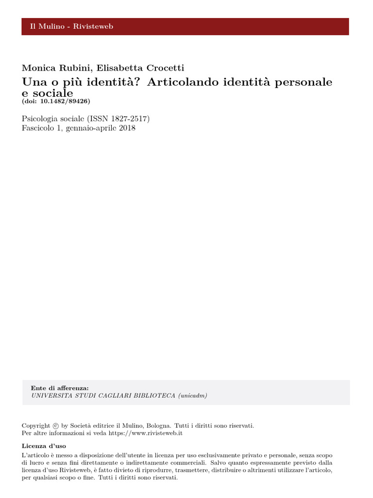 Una o Pi' U Identit' A? Articolando Identit' A Personale e Sociale | PDF