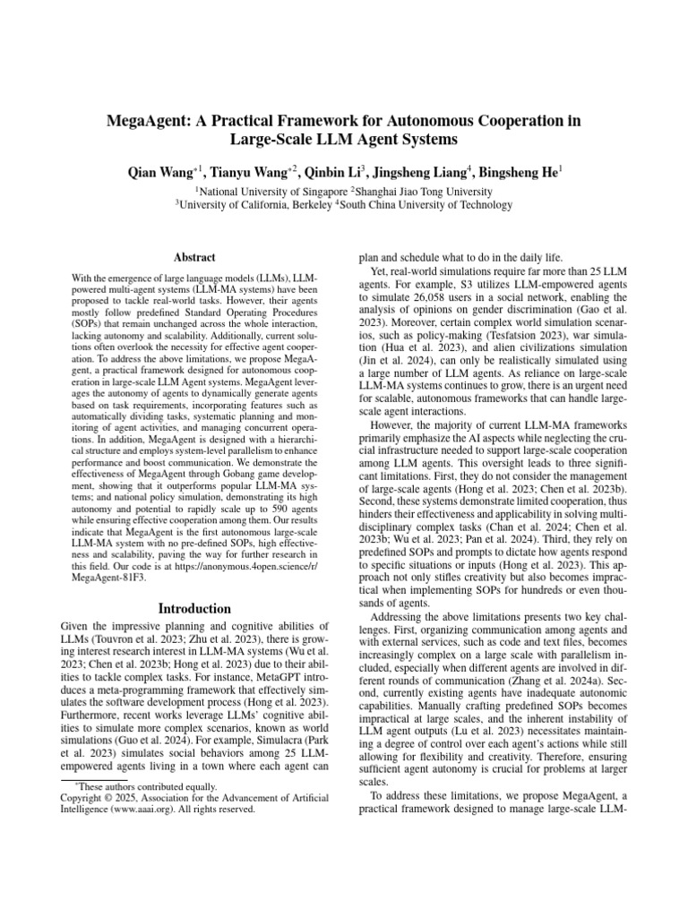 Megaagent: A Practical Framework For Autonomous Cooperation in Large-Scale LLM Agent Systems | PDF