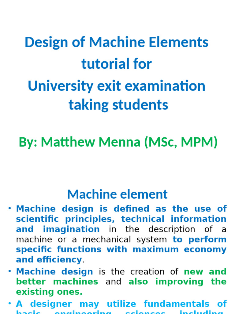 Machine Elements Tutorial For University Exit Exam Taking Students | PDF