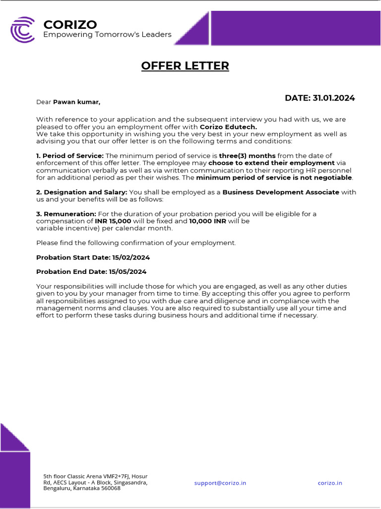 Pawan Kumar's Offer Letter | PDF | Employment | Salary