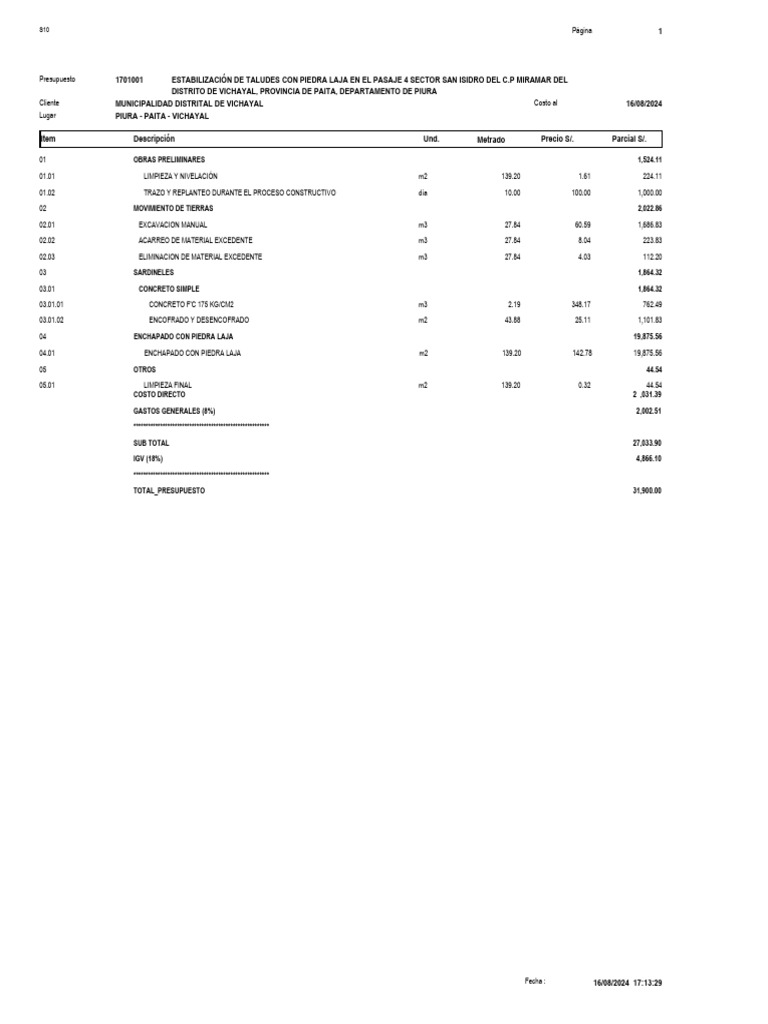 Presupuesto Piedra Laja Vichayal | PDF