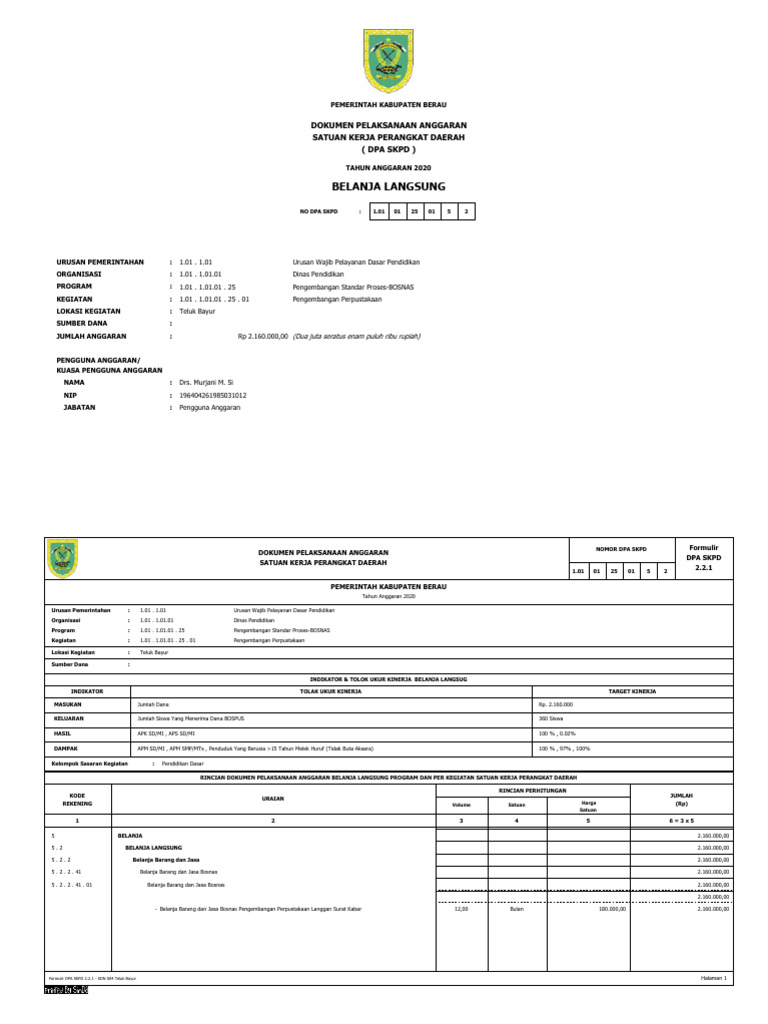 Belanja Langsung: Dokumen Pelaksanaan Anggaran Satuan Kerja Perangkat ...