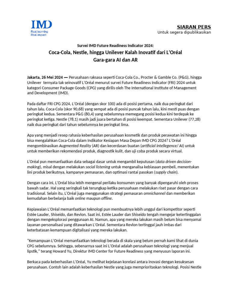 Siaran Pers - Future Readiness Indicator 2024 CPG AI | PDF