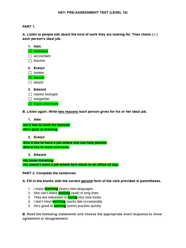 KEY_ PRE-ASSESSMENT TEST (LEVEL 10) | PDF