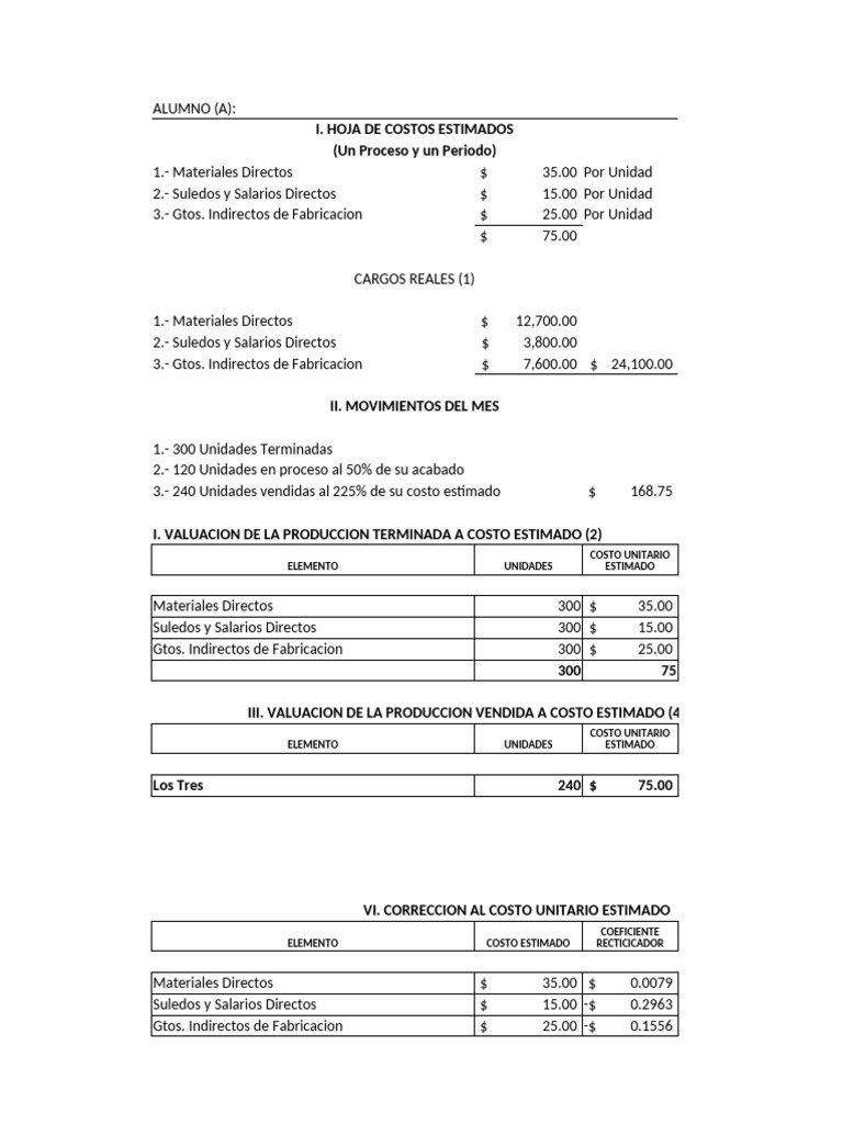 4o. EJERCICIO DE COSTOS ESTIMADOS | PDF