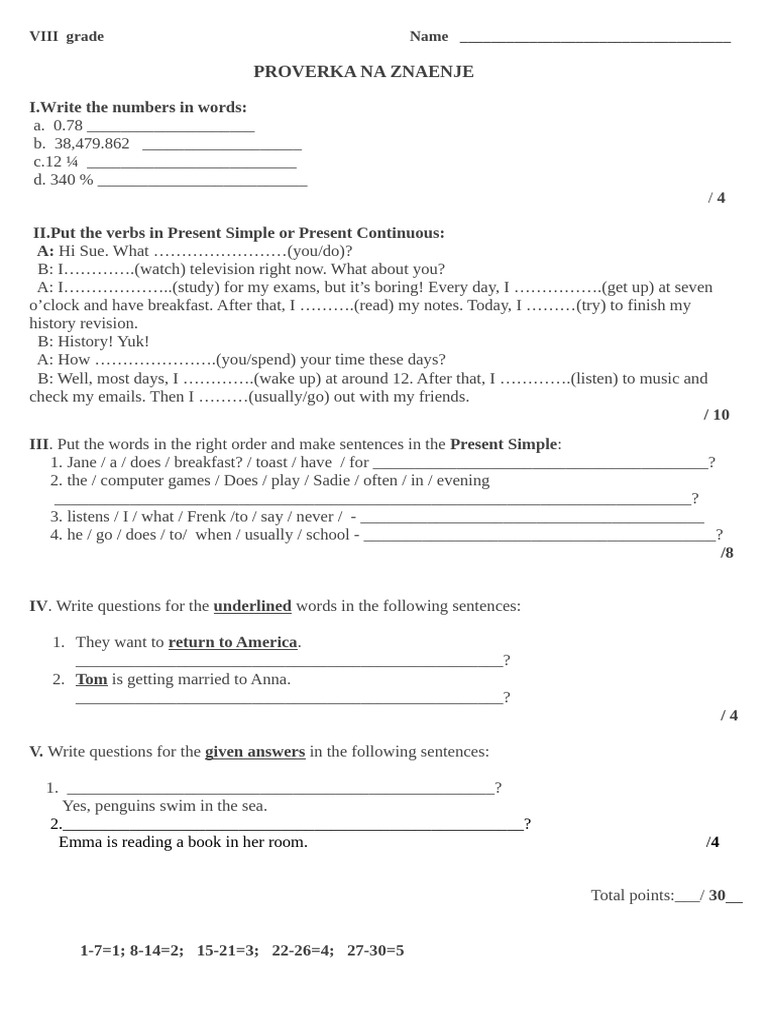 VIII Grade Proverka Na Znaenje 1 Grupa | PDF