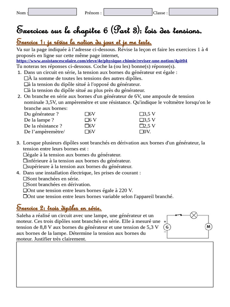 Exercices Sur Le Chap 6 (Part 3) Tension Électrique | PDF