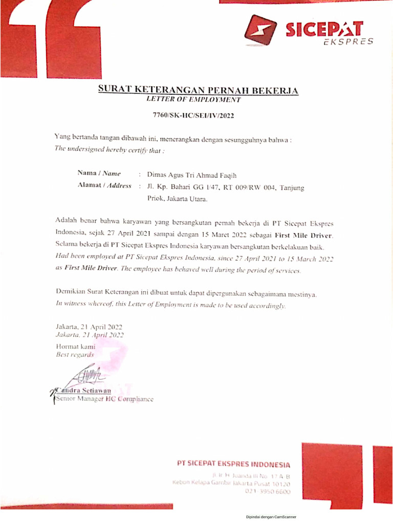 Surat Paklaring PT Sicepat Ekspres Indonesia | PDF