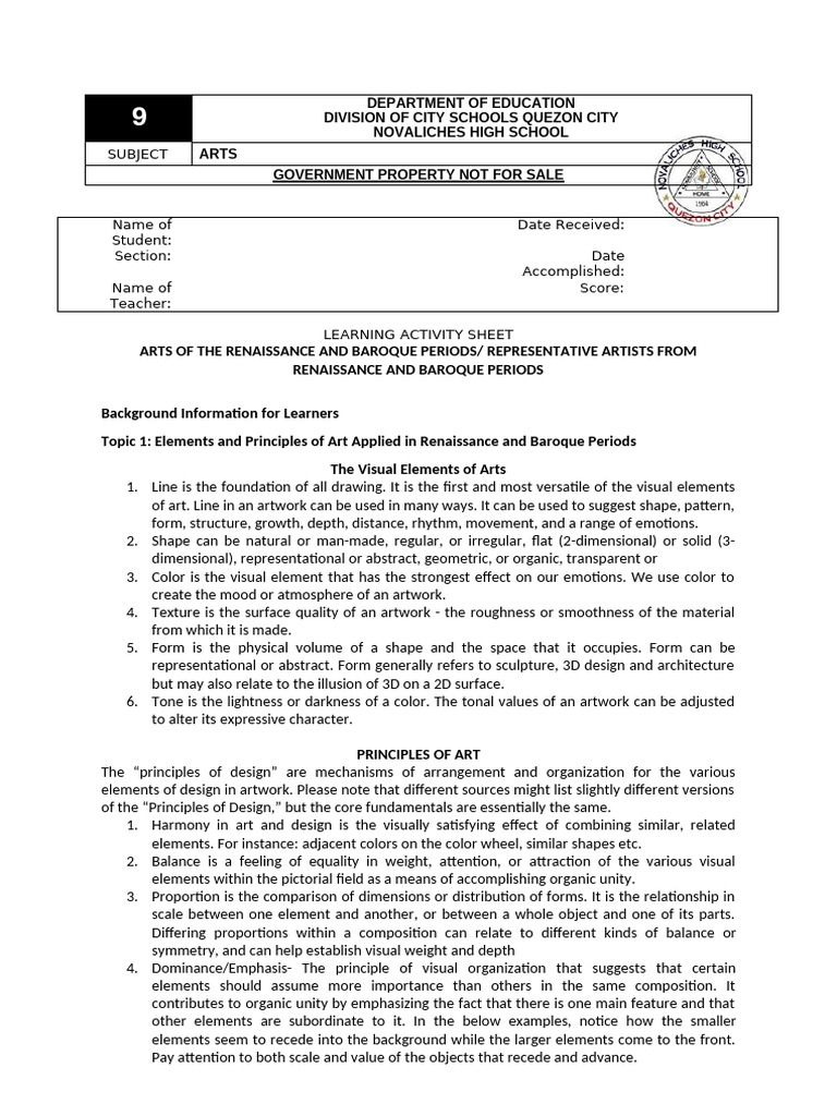 Gabriel John Adorza - WEEK 1-LAS - Arts 9 - Q2 - W1 | PDF | Composition (Visual Arts) | Renaissance