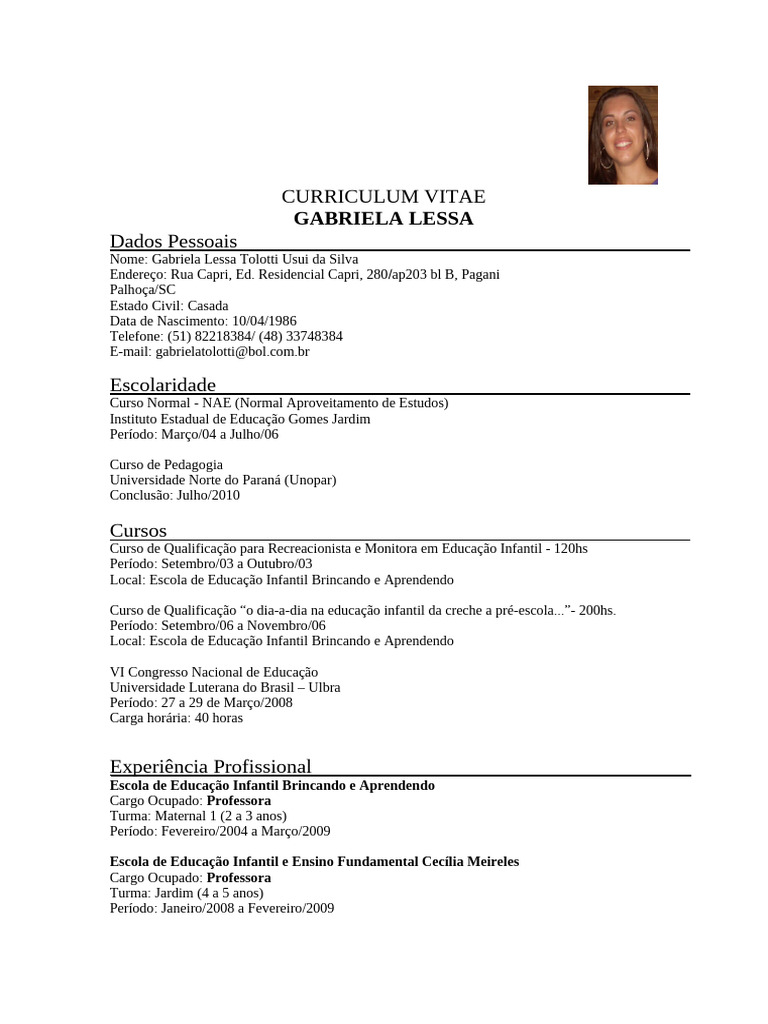 Curriculum Vitae - Gabriela Lessa | PDF